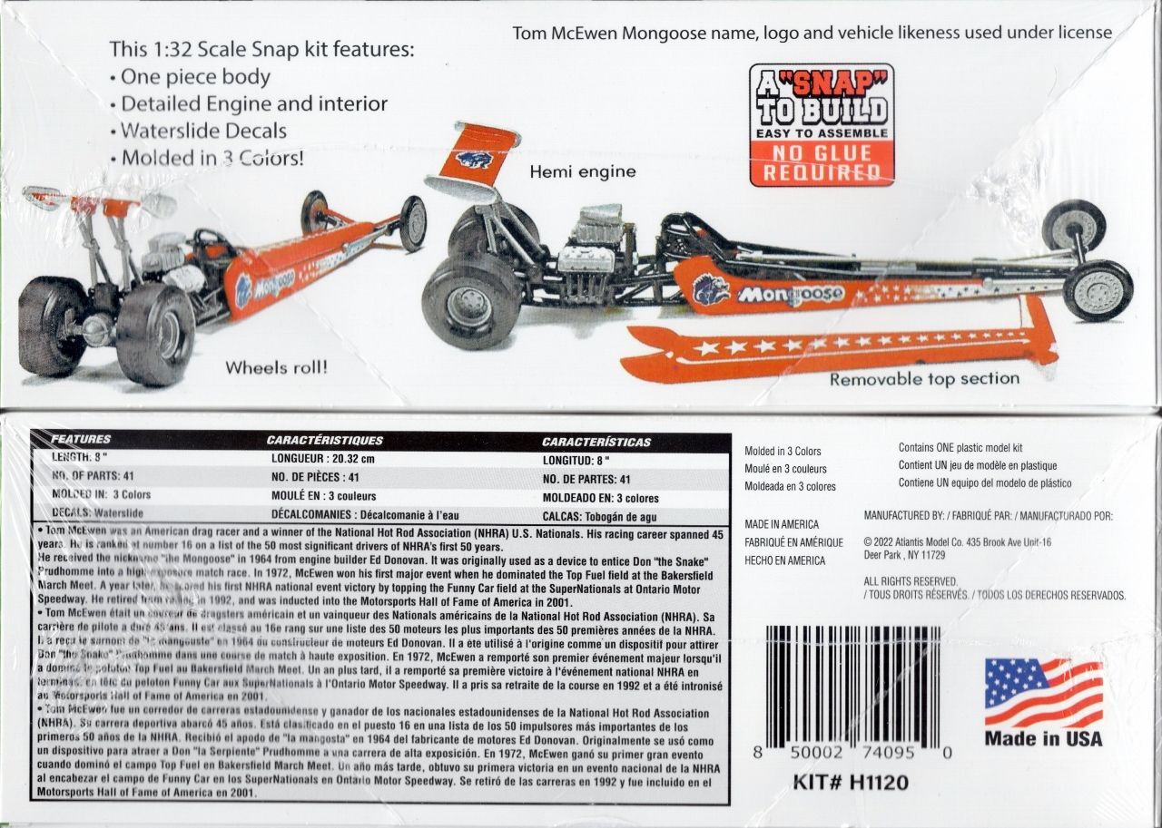 Atlantis (Monogram) Tom McEwen Mongoose Dragster, Snap Kit, 1/32 Scale ...