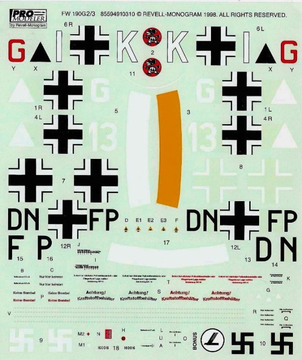 Revell/Monogram "Pro Modeler" Focke-Wulf Fw 190G-2/G-3 Fighter, 1/48 Scale Decals, 6 x 5 inches ...