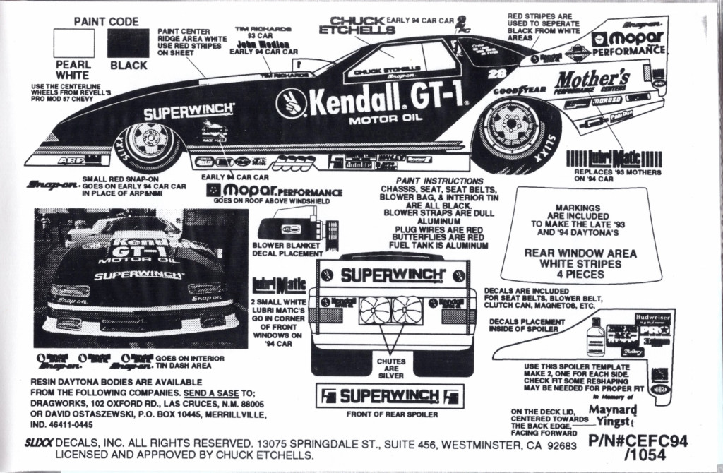 Slixx Decals "Kendall GT-1" Late 1993 & 1994 Dodge Daytona Funny Car ...