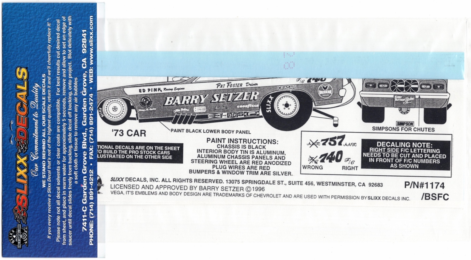 Slixx Decals "Barry Setzer" Chevy Vega Funny Car - Spotlight Hobbies