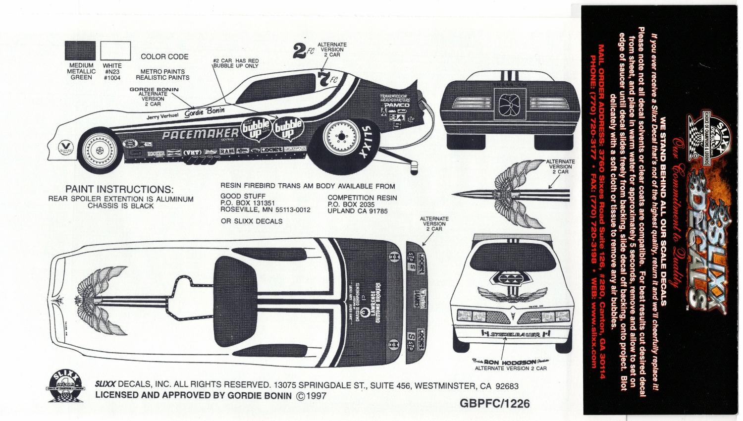 Slixx Decals "Pacemaker" Pontiac Firebird Funny Car - Spotlight Hobbies