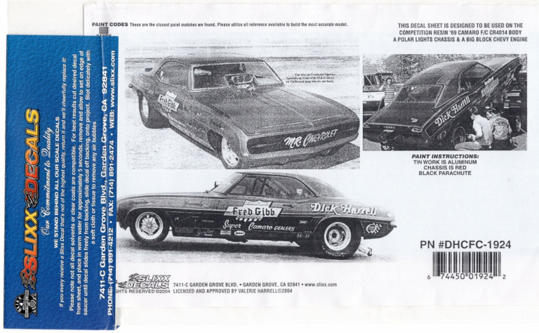 Slixx Decals "Fred Gibb" 1969 Chevy Camaro Funny Car - Spotlight Hobbies