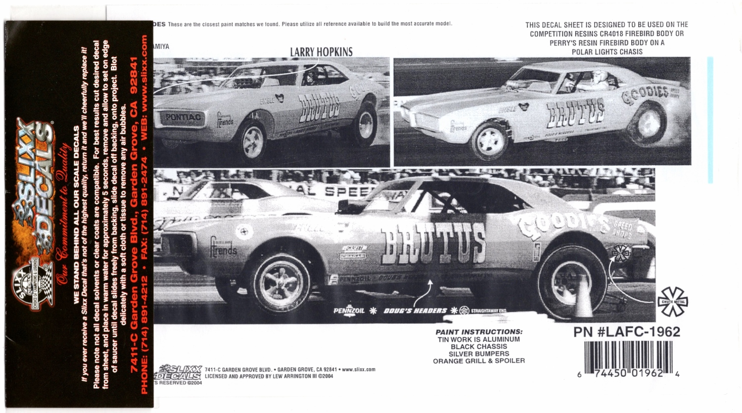 Slixx Decals "Brutus" Pontiac Firebird Funny Car - Spotlight Hobbies