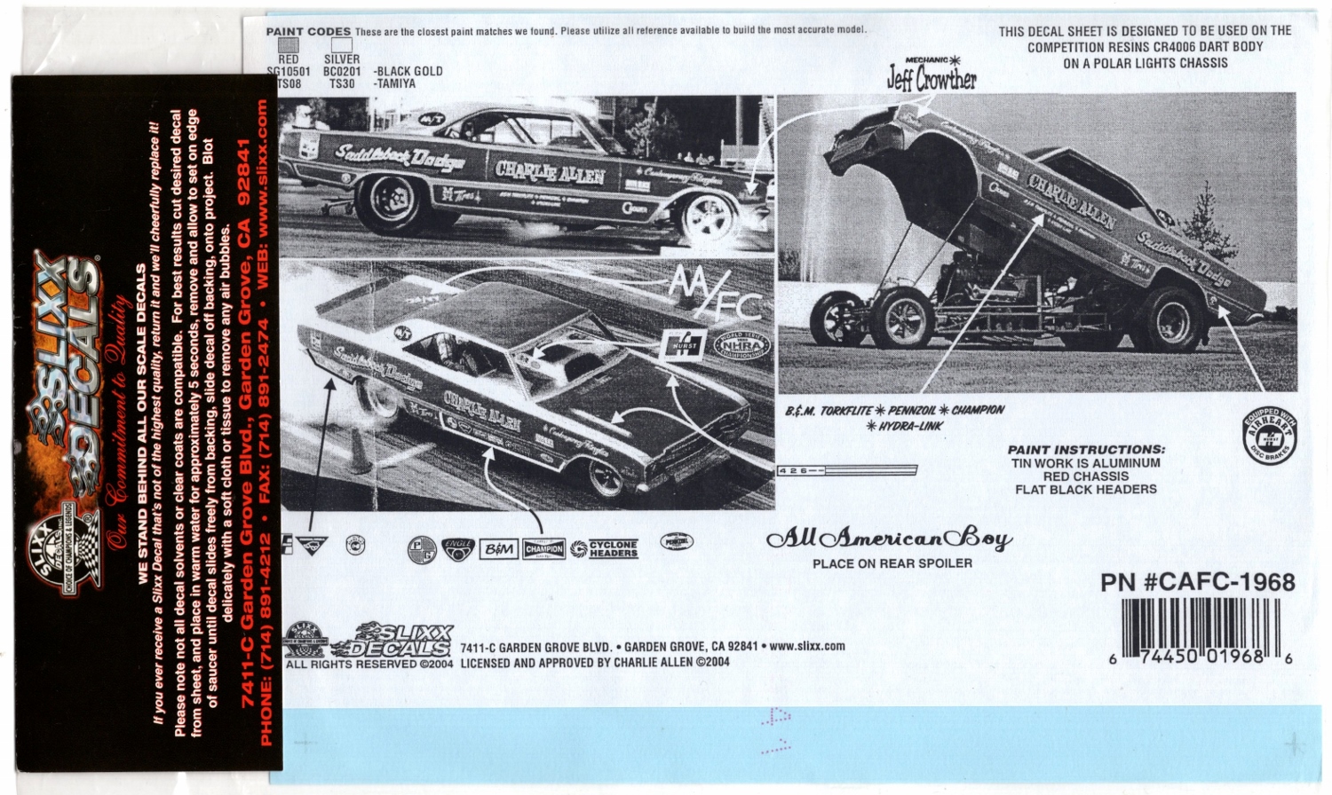Slixx Decals "Saddleback Dodge" Dodge Dart Funny Car - Spotlight Hobbies