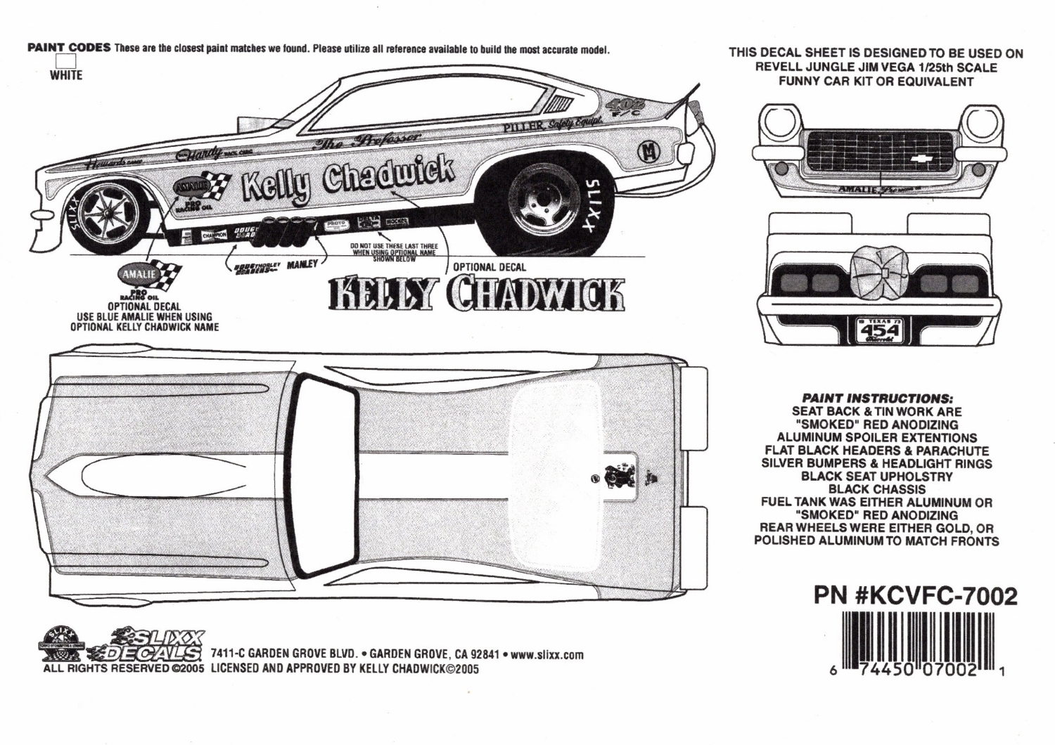 Slixx Decals "Kelly Chadwick" Chevy Vega Funny Car - Spotlight Hobbies